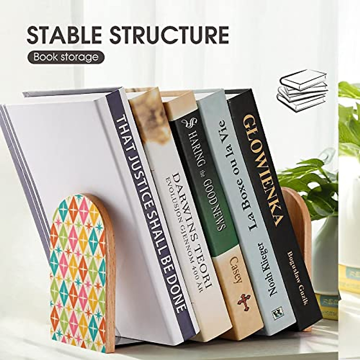 2 Pack Wood Bookends,Mid Century Starbursts On Diamond Decorative Book Ends Support for Shelves Desktop Organizer Wooden Bookshelf for Home School Office