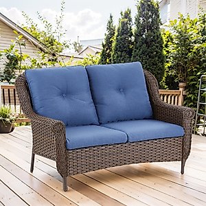 Bellefurn Patio Wicker Sofa Brown Rattan Loveseat Outdoor Couch with Chrysanthemum Armest & Water Resistant Cushions Sofa for Garden Balcony Backyard Poolside, Blue Cushions Loveseat(1PC)