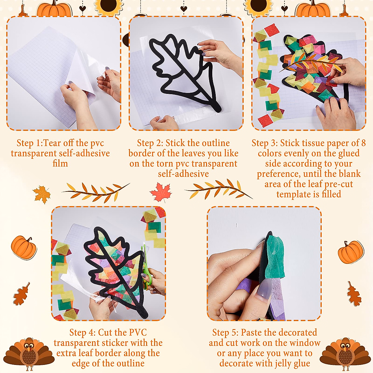 Containlol 24 Pieces Extra Large Thanksgiving Fall Leaf Craft Suncatchers Kit Tissue Arts Autumn Leaves Suncatchers 1600 Tissue Paper Squares 24 PVC Contact Paper with Safety Scissor for DIY Craft