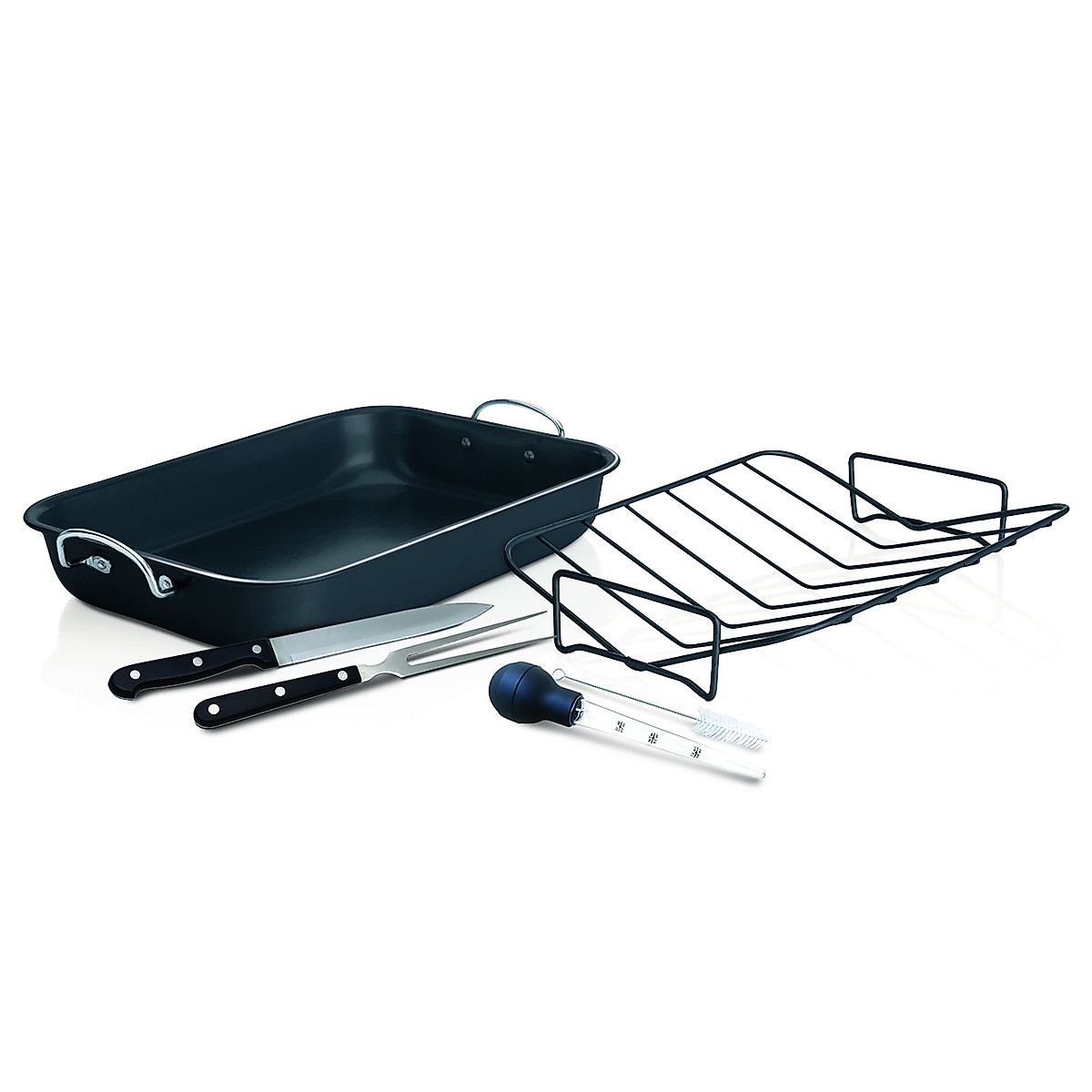Eternal Living 6 Piece Rectangular Turkey Roaster Pan with Rack Carving Knife Fork Baster and Brush, Roasting Pan 15 Inch Black