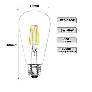 Vintage LED Light Bulbs,E26 Edison Filament,6W,60 Watts Equivalent,Daylight White 6000K,2 Packs