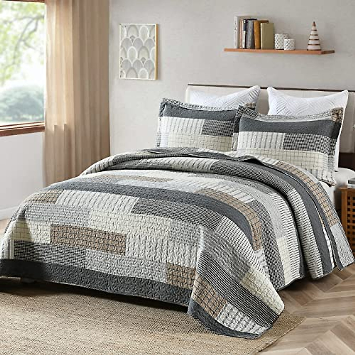 Finlonte Quilt Queen Size 100% Cotton Queen Size Quilts Grey Black Brown Bedspreads Plaid Quilts Lightweight Soft Breathable Bedding Sets for All Season, 3 Piece
