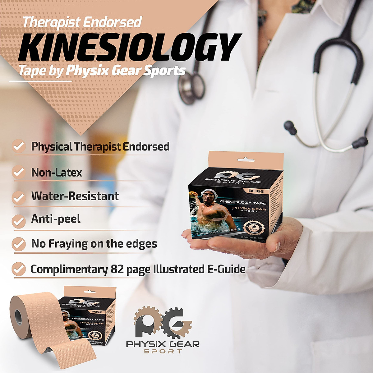 Physix Gear Kinesiology Tape Pro - Waterproof Physio Sports Tape for Pain & Injuries, Pregnancy, Muscle, Knee, Joint Support, Swelling, Strain Relief, Enhanced Blood Circulation (Beige, 1 Roll)