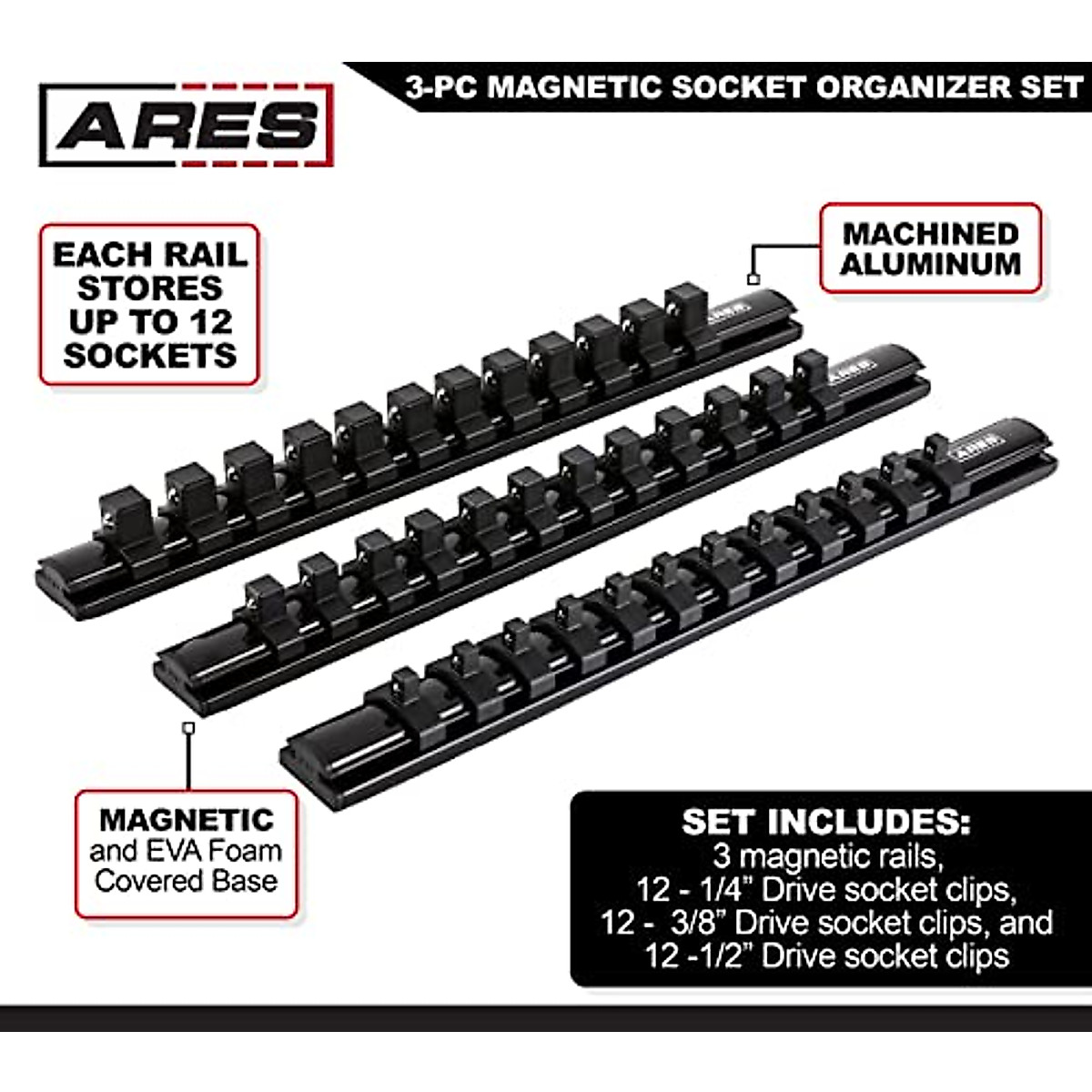 ARES 60053-3-Piece Black Magnetic Socket Organizer Set - Aluminum Rails Store up to 12 Sockets Each and Keep Your Tool Box Organized
