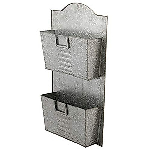 Benzara Galvanized Metal Two Tier Wall Pocket Organizer, Gray