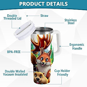 RPLIFE Animals Taking Selfie 40oz Tumbler with Handle, Stainless Steel Cups with Lid, Coffee Tumbler