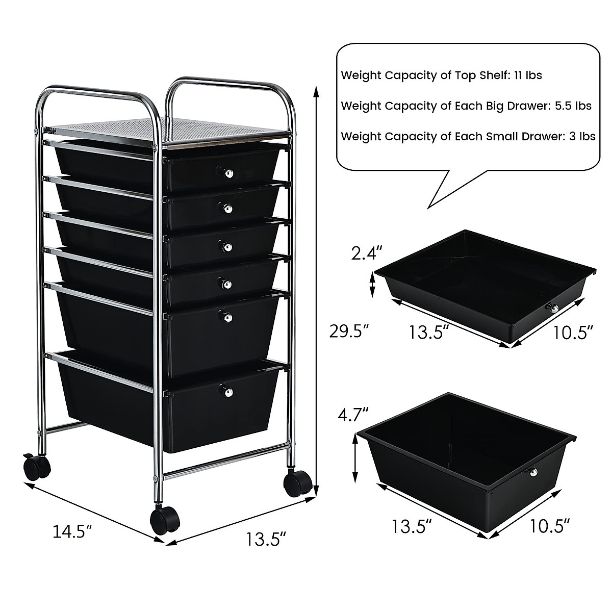 SILKYDRY 6-Drawer Rolling Storage Cart, Multipurpose Utility Drawers Cart with Wheels, Removable Drawers for Craft Scrapbook Tool Paper, Art Organizers and Storage for Home Office School (Black)