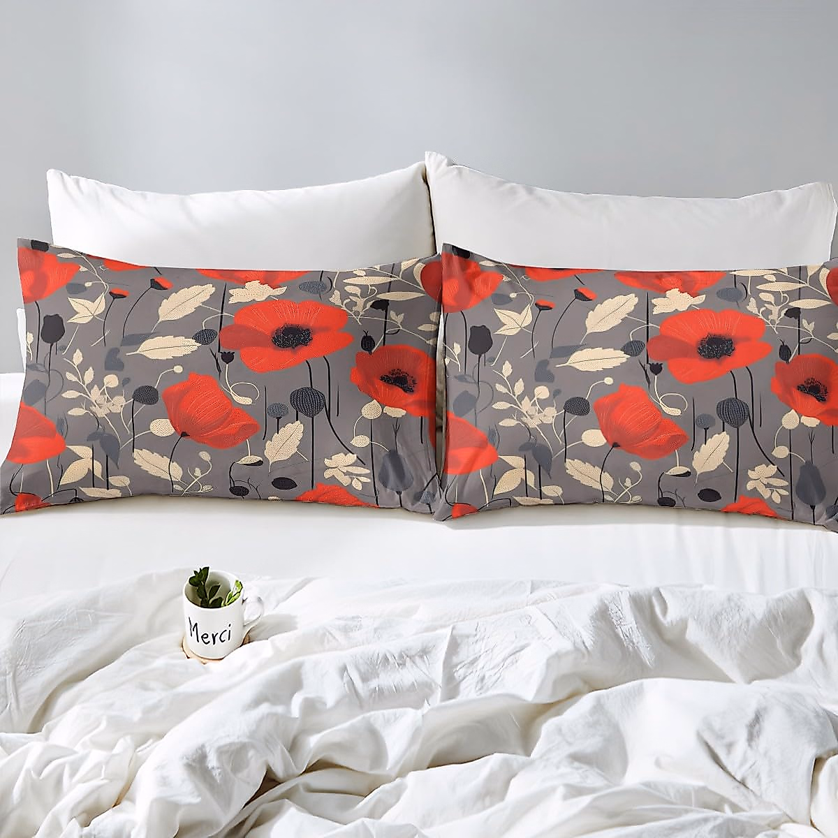 Feelyou Poppy Flower Bedding Set Queen Size Kids Garden Floral Bltanical Comforter Cover Set for Boys Girls Teens Red Poppy Leaves Duvet Cover Dark Grey Bedspread Cover (No Comforter)