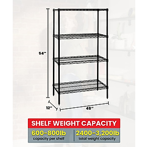 QUANTUM STORAGE SYSTEMS WR54-1248BK Starter Kit Wire Shelves Black Epoxy 4 Shelves 54" H x 48" W x 12" D
