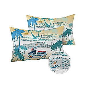 Edwiinsa Outdoor Pillow Covers Waterproof, Coconut Tree All Weather Cushion Case Set of 2, Summer Teal Moire Yellow Ombre Sunset Lumbar Pillowcase for Sofa Couch Bed Decor Patio Furniture 20"x12"