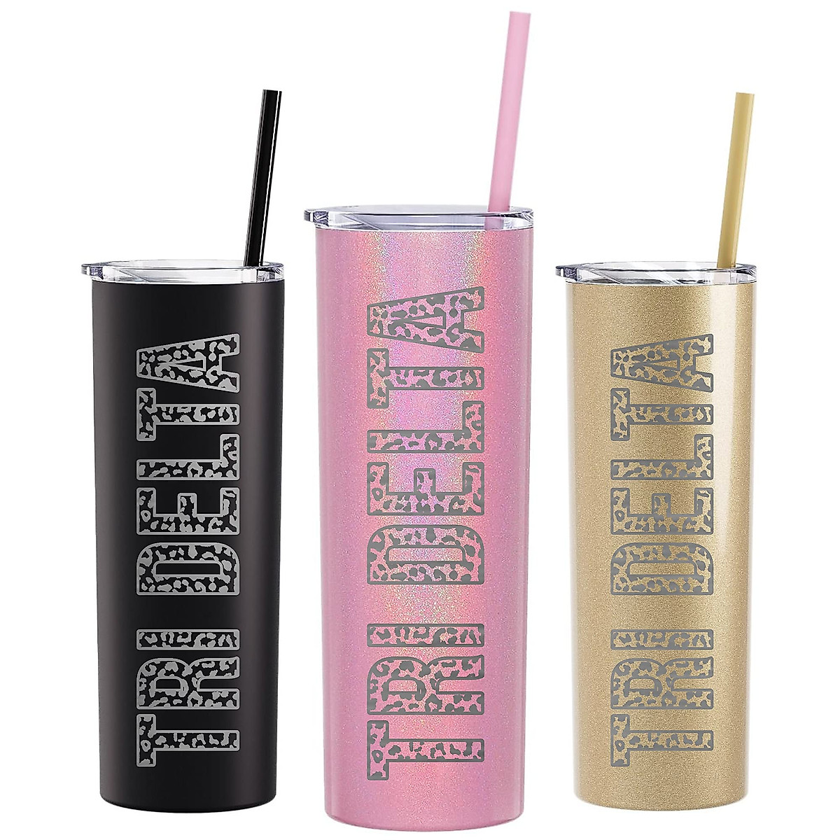 Go Greek Chic Tri Delta Leopard Print Tumbler with Straw - Laser Engraved (Pink Magic)