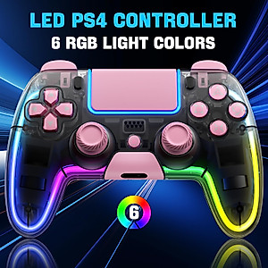 Honghao Controllers for PS4,Pink Wireless PS4 Remote Controller with Hall 3D Joystick, Dual 4 Shock RGB Custom Game Controllers for Playstation 4/PS4/PS4 Pro/PS4 Slim (Pink)