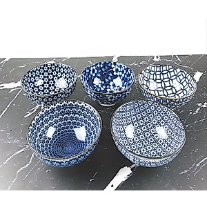 JapanBargain 4686, Japanese Porcelain Rice Bowls Gift Set, Traditional Japanese Inspired Pattern Miso Soup Bowls, Blue Color Salad, Set of 5, Made in Japan