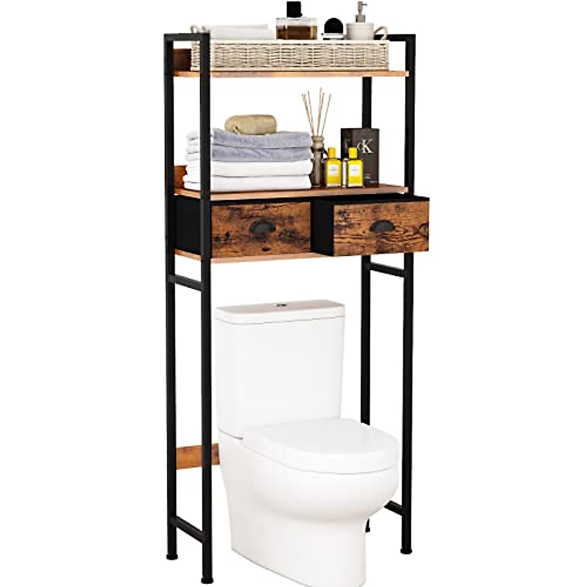 Furnulem Over The Toilet Storage Cabinet with 2 Drawers, 3-Tier Bathroom Organizer Space Saver Rack Wood Shelf, Floor Mount Above Toilet,Freestanding with Adjustable Feet (Rustic Brown)