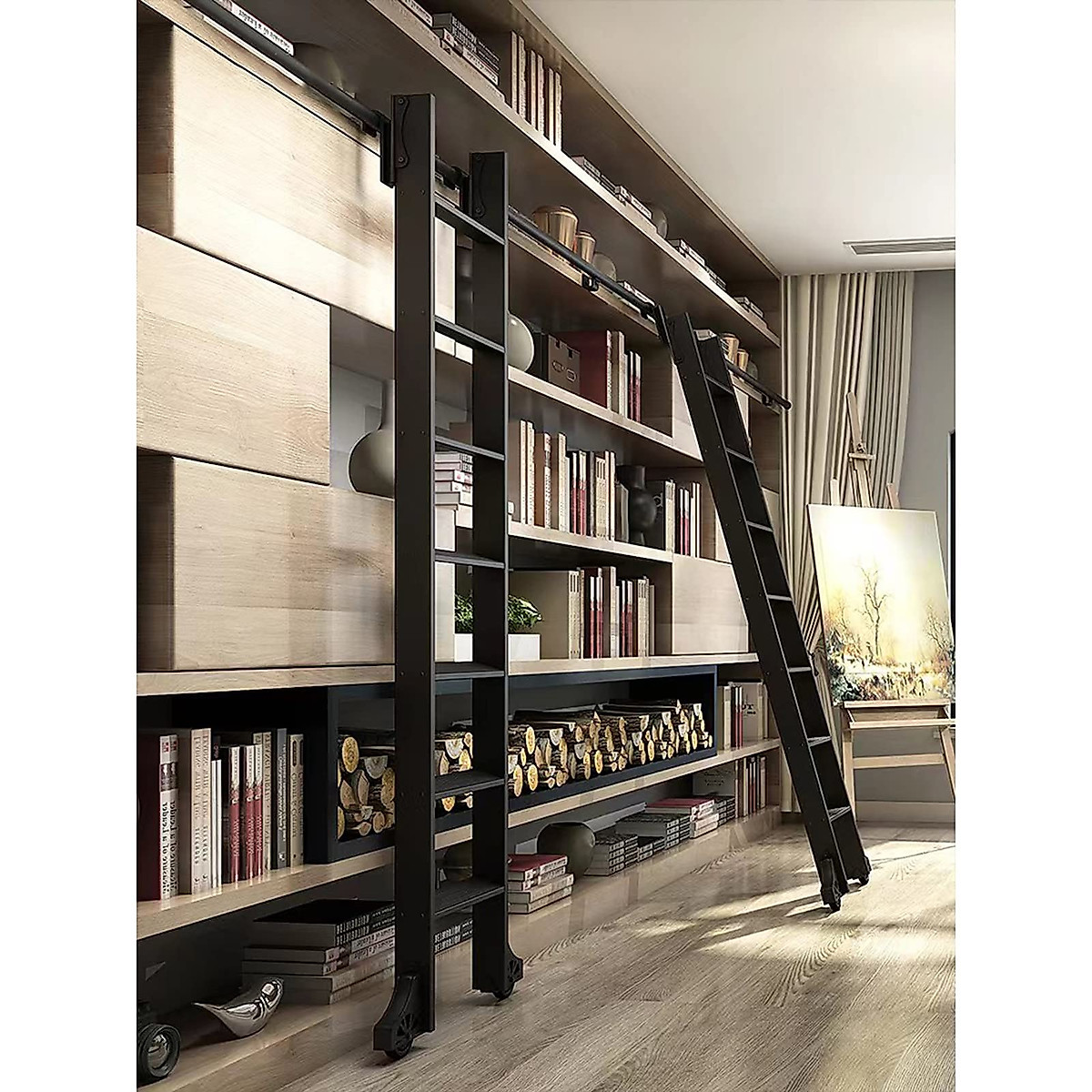 Hook On Rolling Library Ladder Track Kit, Satin Black Finish Rolling Ladder Hardware Kit(No Ladder) W/Caster, Metal Step Rods W, Sliding Hook Assemblies(Limited to Ladder Thickness 2.5cm) (Size : 9.