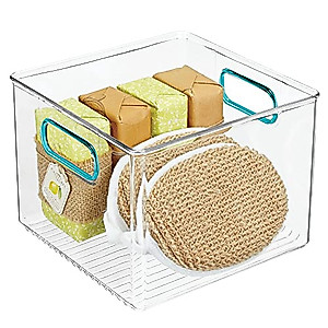 mDesign Plastic Storage Bin with Handles for Organizing Hand Soaps, Body Wash, Shampoos, Lotion, Conditioners, Hand Towels, Hair Accessories, Body Spray, Mouthwash - 8" Square, 4 Pack - Clear/Blue