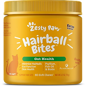 Zesty Paws Hairball Bites for Cats - Cat Furball Support - Functional Supplement with Omega 3 Fish Oil EPA & DHA + Zinc, Biotin & Psyllium Husk - Supports Gut & Skin Health - 60 Count