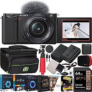 Sony ZV-E10 Mirrorless Alpha APS-C Vlog Camera Body and 16-50mm F3.5-5.6 Zoom Lens ILCZV-E10L/B Black Bundle with Deco Gear Photography Case + Extra Battery + Photo Video Software & Accessories Kit