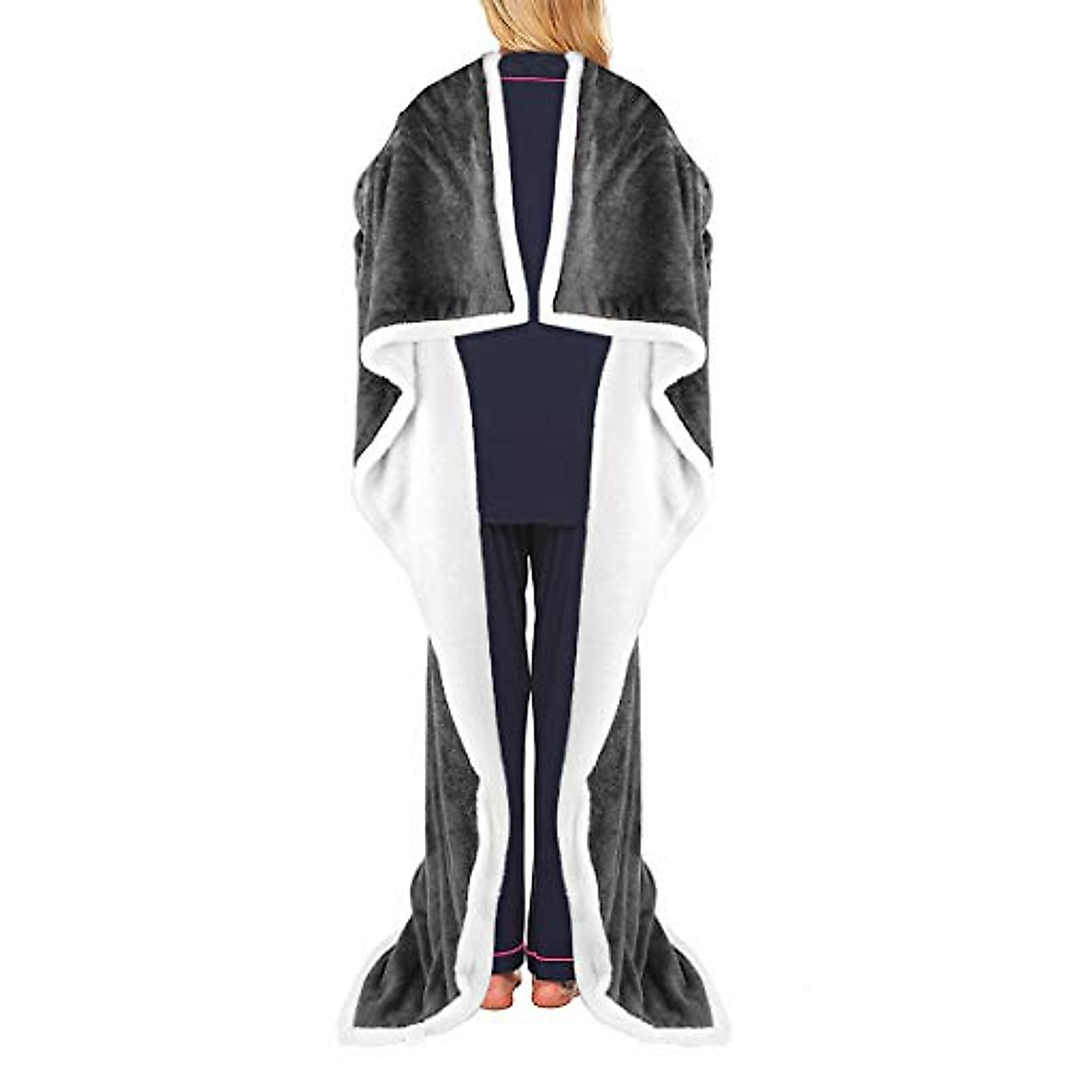 Sherpa Wearable Blanket with Sleeves for Adult Women and Men, Plush Fleece Robe TV Blanket with Pockets for Lounge Chair Couch (Gray)