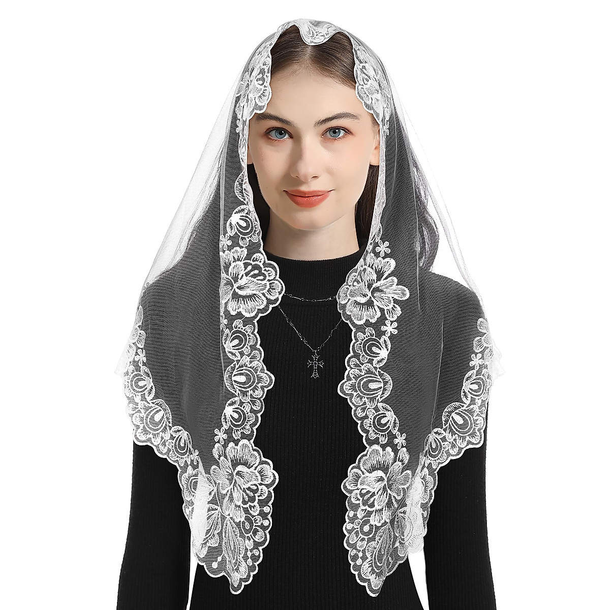 Bozidol Church Veil Triangular Mantilla - Cross Chalice Embroidered Vintage Catholic Mass Veil for Women