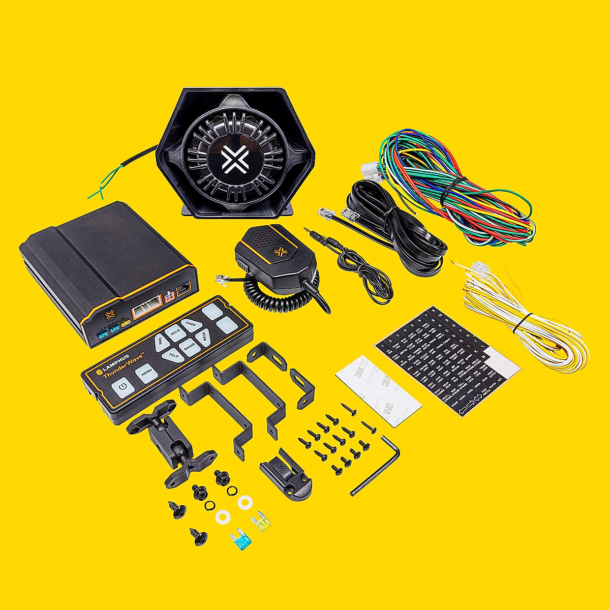 LAMPHUS ThunderWave 100W Emergency Police Siren Speaker Kit [Remote Control][2x15A Aux Light Switch][Hands-Free Air Horn][Radio Broadcast] 12V Warning PA System for Emergency Vehicle Pickup Truck UTV