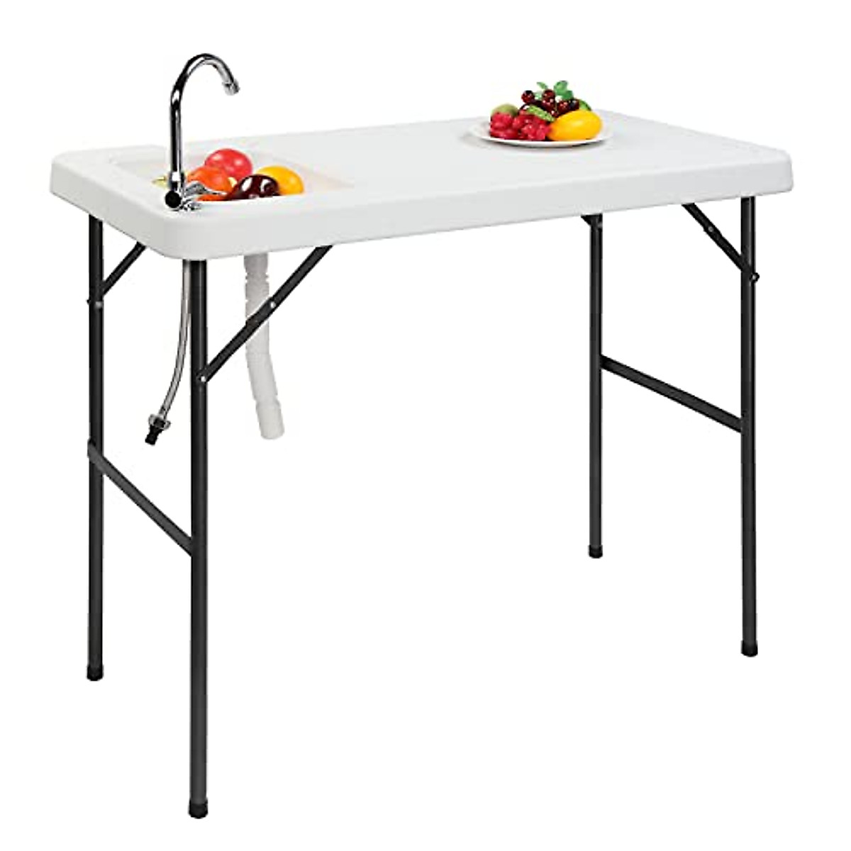 Outvita Fish Cleaning Table, Folding Portable Camping Table with Sink Stainless Steel Faucet Drainage Hose for Garden Patio Backyard BBQ White