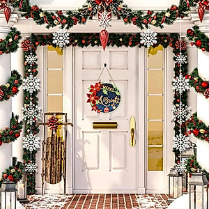 CHDITB Christmas Decoration Merry & Bright Door Sign(11.4"x11.4"), Wooden 3D Christmas Wall Hanging Sign with Mistletoe Jingle Bell, Cute Housewarming Gift for Home Office Xmas New Year