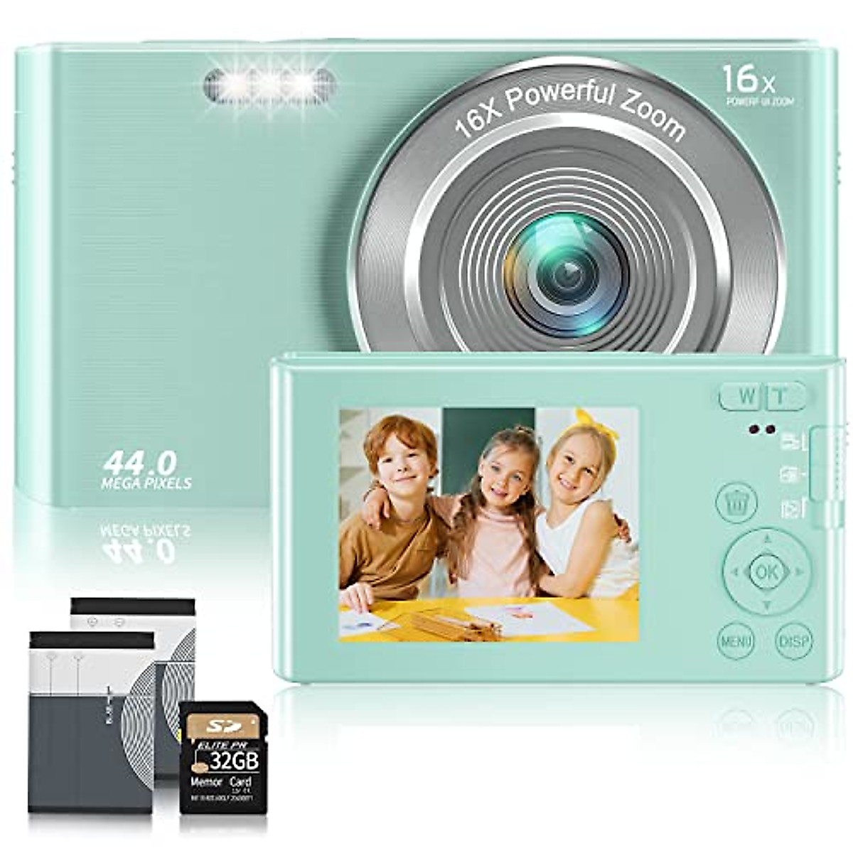 Digital Camera,Kids Camera with 32GB Card 2.7K 44MP Point and Shoot Camera with 16X Digital Zoom 2.4 Inch,Vlogging Camera for Students Teens Adults Girls Boys-Green3