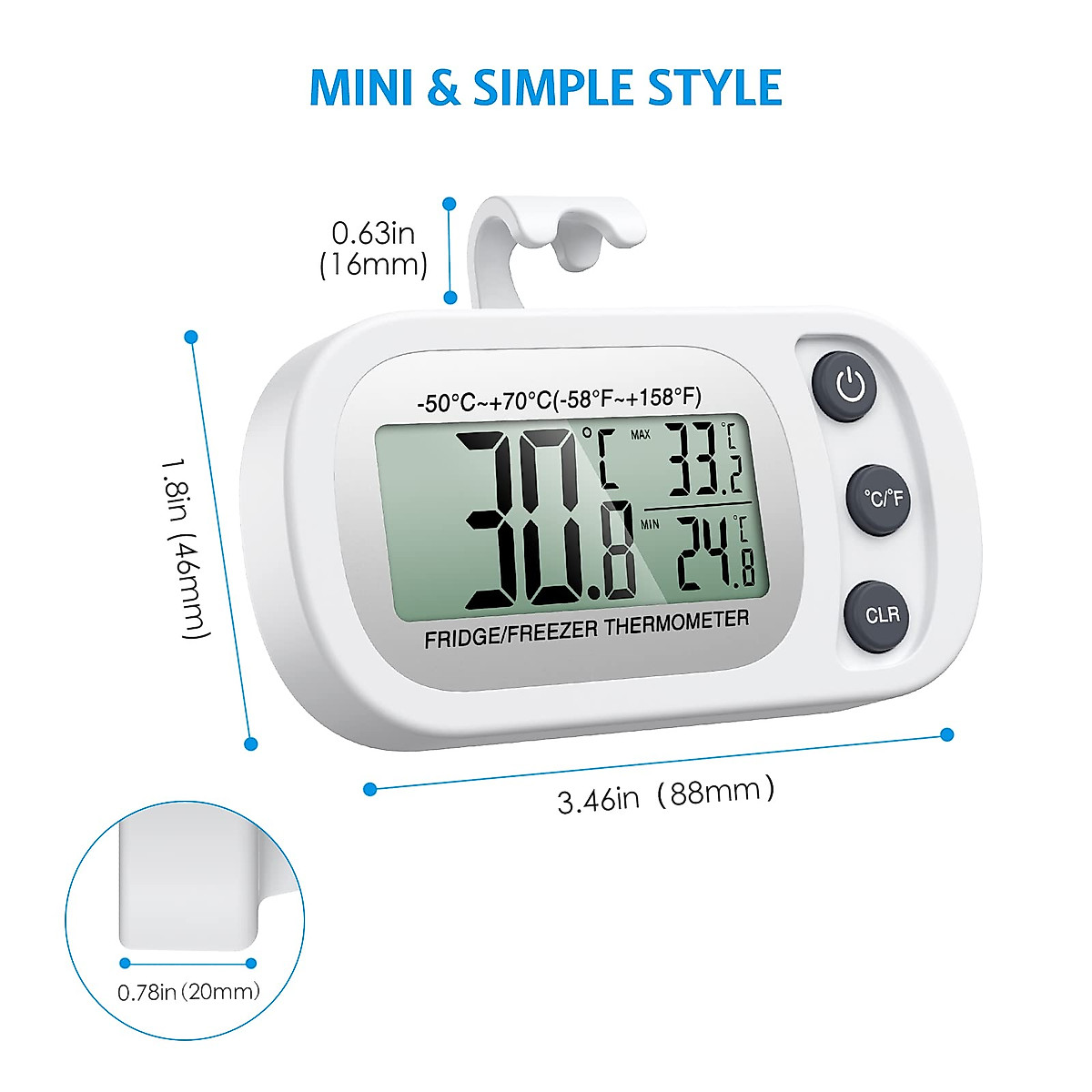 AMIR Fridge Thermometer Digital, Newest Refrigerator Thermometer 2 Pack, Mini Freezer Thermometer with Hook, LCD Display, ℃/℉ Switch + Max/Min Record, for Kitchen, Home, Restaurants