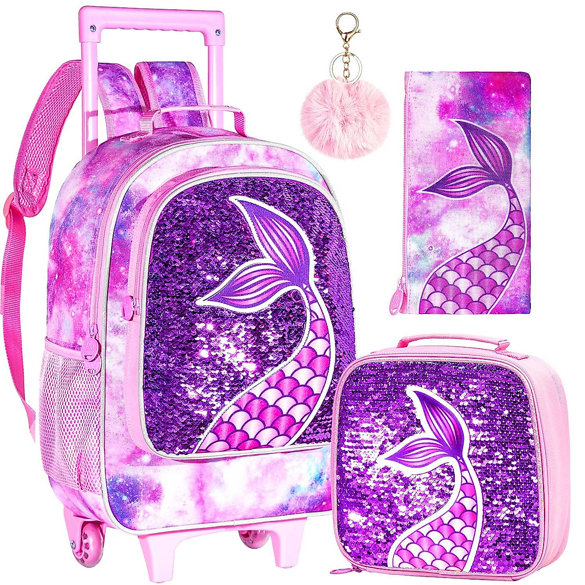 gxtvo Rolling Backpack for Girls, Roller Wheels Kids Bookbag - Wheeled Suitcase Elementary Sequin School Bag - 3PCS Mermaid