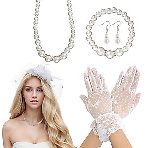 Heliltd 5Pcs Fascinators for Women Tea Party Fascinator Hat for Women White Veil Tea Party Hats and Gloves Set for Women
