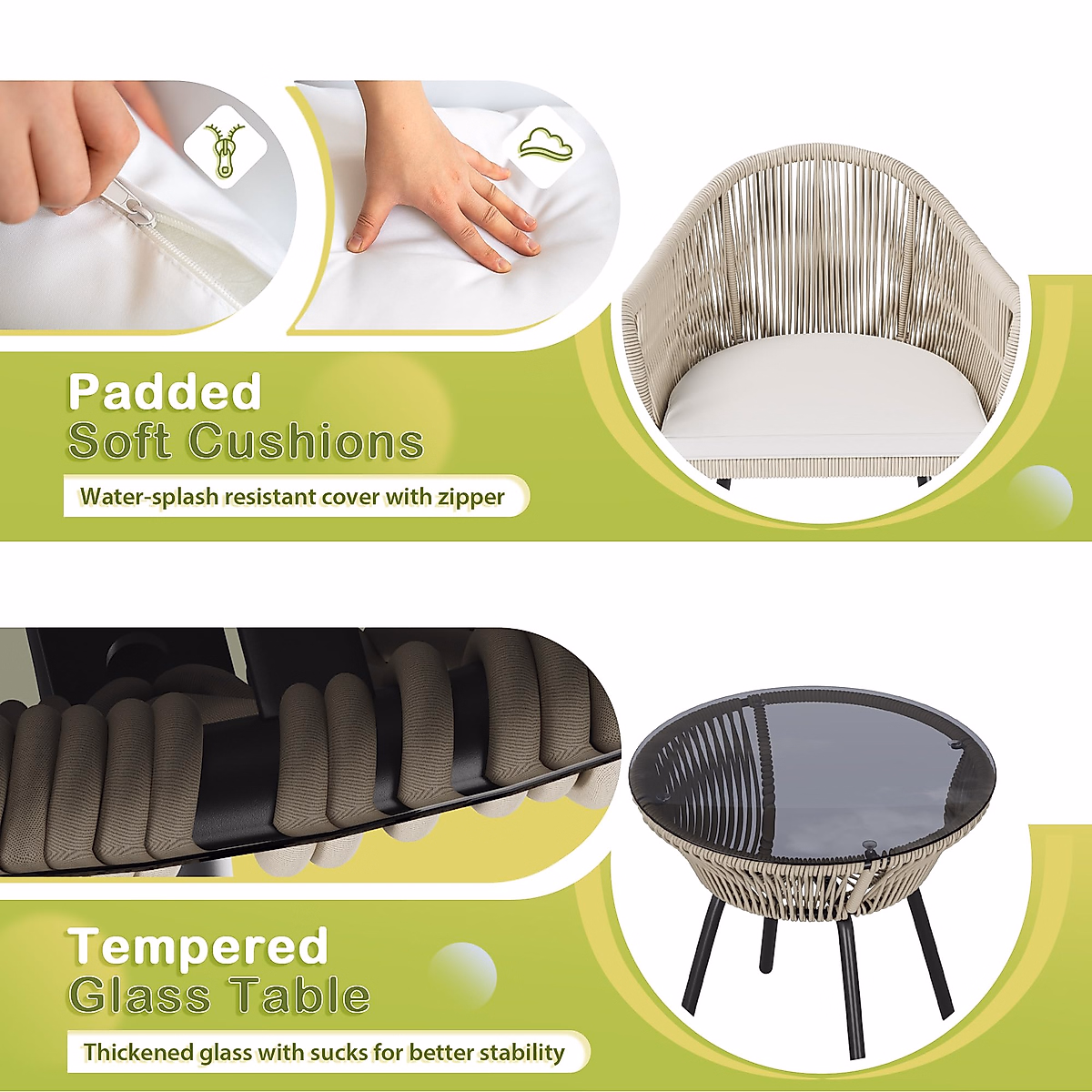 Flamaker 3 Piece Patio Set Outdoor Wicker Patio Chairs with Coffee Table & Cushions Bistro Conversation Set Porch Furniture for Balcony, Deck, Backyard