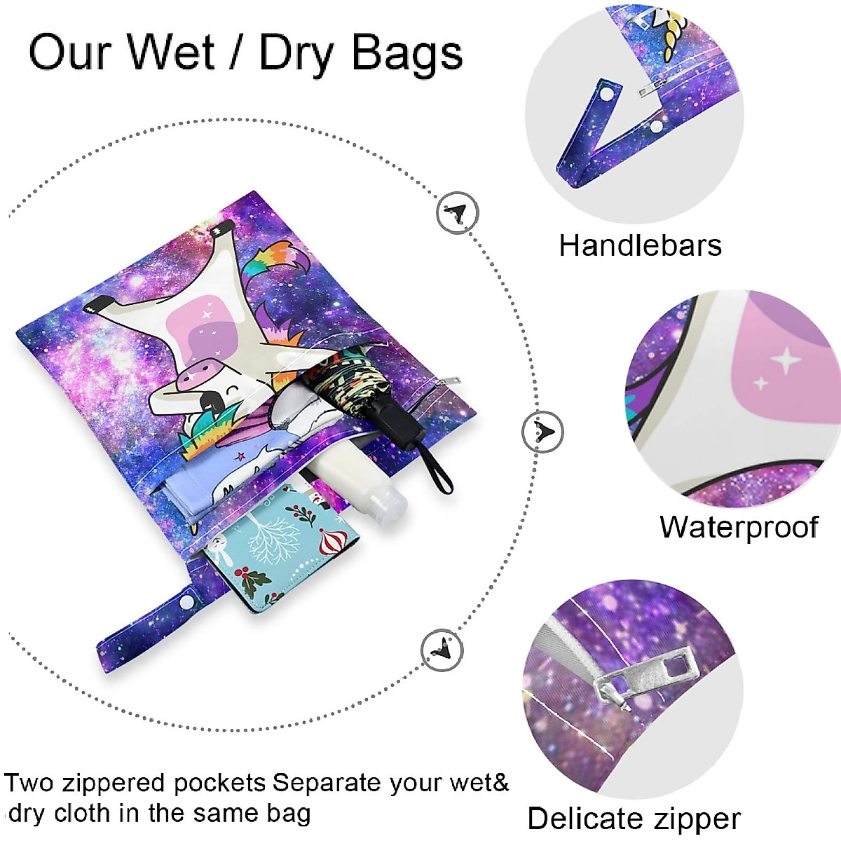 visesunny Fun Unicorn Galaxy Night Print 2Pcs Wet Bag with Zippered Pockets Washable Reusable Roomy for Travel,Beach,Pool,Daycare,Stroller,Diapers,Dirty Gym Clothes, Wet Swimsuits, Toiletries