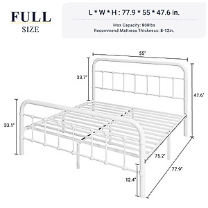 Allewie Full Size Metal Platform Bed Frame with Victorian Style Wrought Iron-Art Headboard/Footboard, No Box Spring Required，White