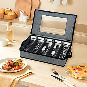 VERONLY Silverware Storage Box - Flatware Case Chest Box, 5 Compartment Tableware Cutlery Container with Removable PVC Lid and Easy to Carry Handles,Large Capacity Utensils(Light Grey)