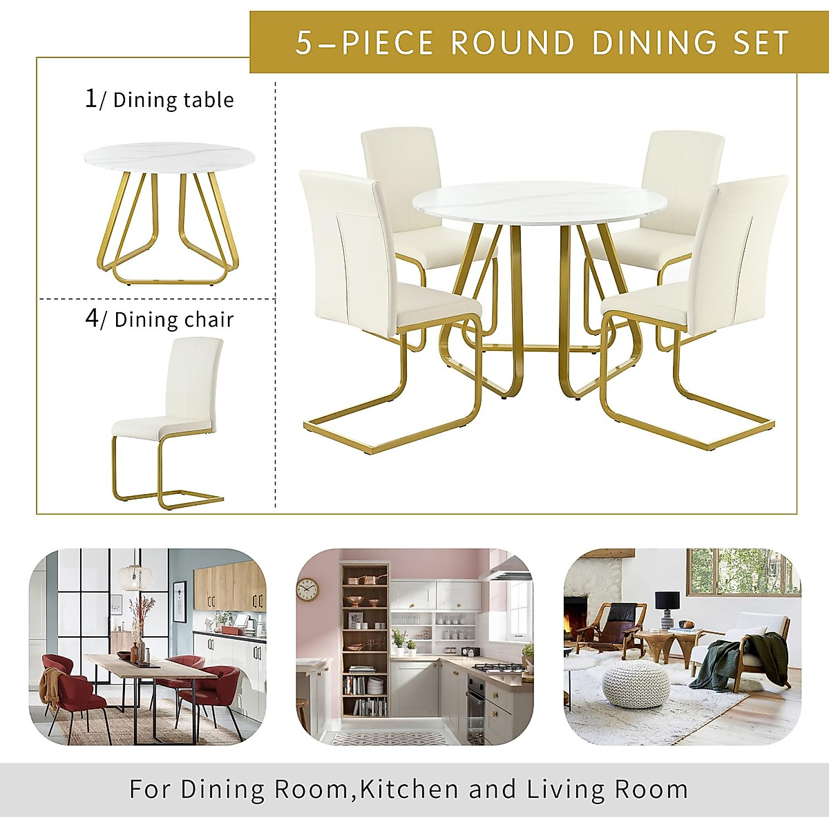 5-Piece Round Dining Table Set - Faux Marble Dining Table and 4Pcs Dining Chairs with Metal Legs, 42" Round Dining Table for Kitchen and Living Room