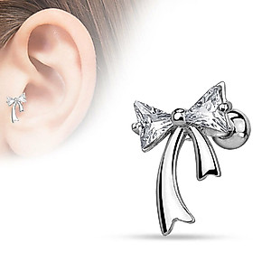 Ribbon CZ 14K Gold Plated Surgical Steel Helix Tragus Cartilage Bar Stud Earring - Clear, Rose Gold