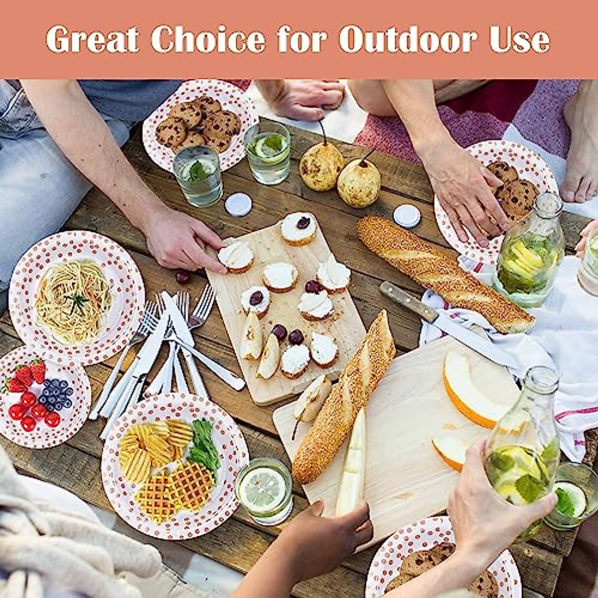 ROSINL Disposable Paper Plates 100 Pack White and Rose Gold Dots Paper Plates 50 x 9 and 50 x 7 Dinner Plates, Foil Polka Dots Paper Plates for Wedding Bridal Shower Engagement Birthday Parties