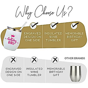 Your Dream Party Shop Powder Coated Stainless Steel 12oz Stemless Wine Glass with Straw and Lid with Print (Birthday Girl)