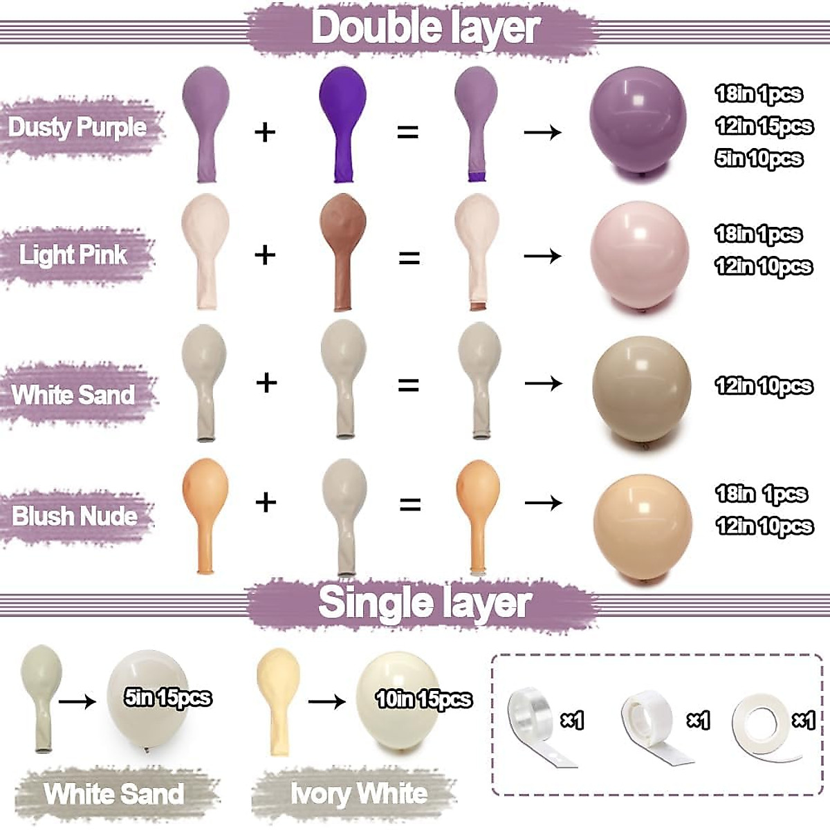 Dusty Purple Pink Balloons - Double Stuffed Lavender Pink Nude Balloon Garland White Sand Blush Ivory Balloon Pastel Lilac Balloon Arch Kit for Birthday Baby Shower Bridal Wedding Party Decorations