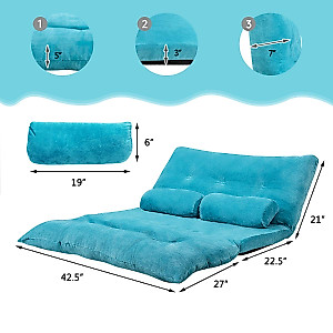 Giantex Adjustable Floor Sofa Couch with 2 Pillows, Multi-Functional 6-Position Foldable Lazy Sofa Sleeper Bed, Multi-Functional Suede Floor Seating Sofa for Reading Gaming (Blue)