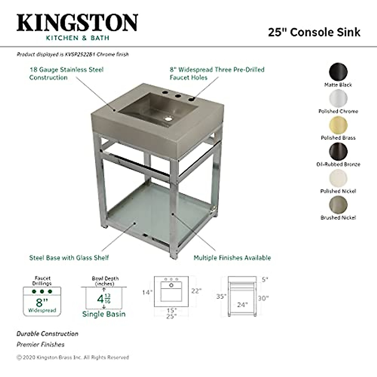 Kingston Brass KVSP2522B2 Kingston Commercial Console Sink, Brushed/Polished Brass