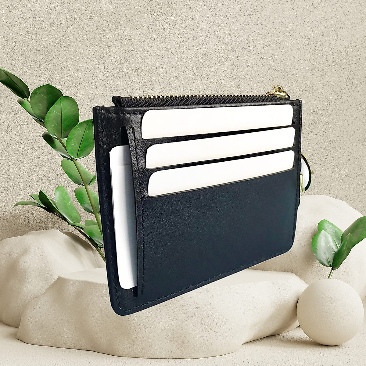 PEONY SUPREME Leather Card Holder Wallet Credit Card Holder Small Compact Wallet Coin Pouch Purse Key Pouch Gift for Women Gift for Men Black