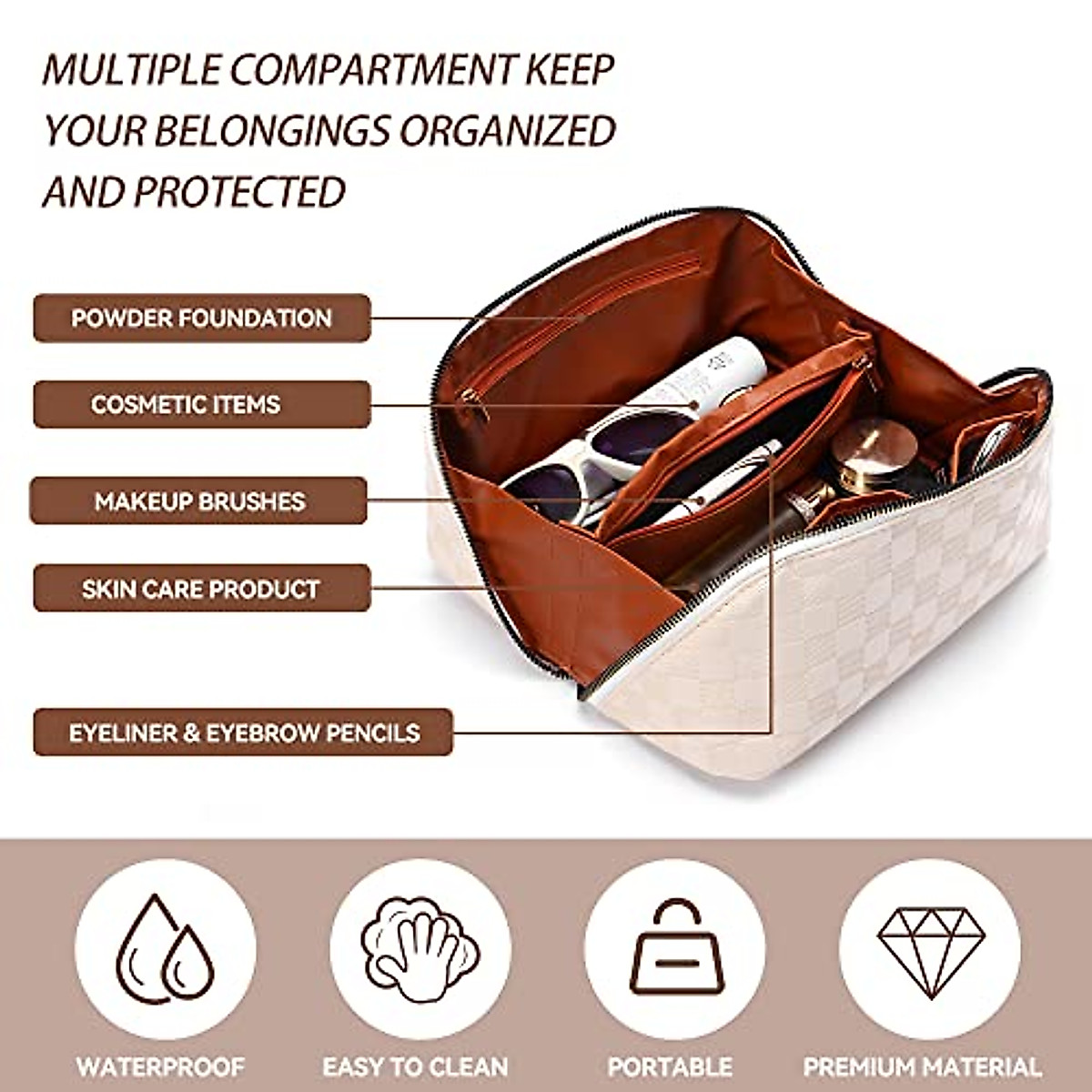 BAGCRAZY 2 Pcs Waterproof PU Leather Checkered Makeup Bag, Large Capacity Travel Cosmetic Bag - Portable Makeup Bags for Women, Lightweight Design and Waterproof Toiletries Bag for Cosmetic, White