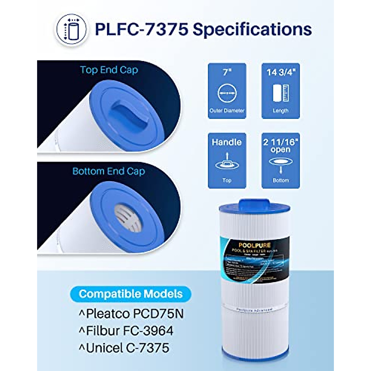 POOLPURE C-7375 Spa Filter Replaces PCD75N, Unicel C-7375, Filbur FC-3964, 1019301, AK-60032, APCC7500, 17543, 75 sqft Filter Cartridge 1 Pack
