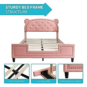 CECER Twin Bed Frames for Kids, Pink Children Platform Bed, Kid Bed Frame with Bear Shaped Headboard, Faux Leather Upholstered, Rivet Decoration, Wood Slats, No Spring Box Needed