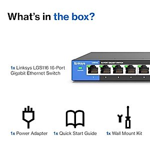 Linksys LGS116 16 Port Gigabit Unmanaged Network Switch - Home / Office Ethernet Switch Hub with Metal Housing - Wall Mount or Desktop Ethernet Splitter, Easy Plug & Play Connection