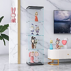 4-Shelf Glass Display Cabinet with Lock, Upgraded Quick-Install Curio Cabinets with Glass Doors Trophy Display Case Thicken Tempered Glass Floor Standing Bookshelf for Bedroom, Living Room (Black)