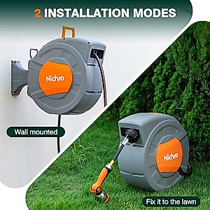Retractable Garden Hose Reel Wall Mount, Nichro 1/2"×100ft Automatic Garden Hose Reel with Cover, 10 Pattern Hose Nozzle, Auto Rewind/Any Length Lock/Optional Installation Modes