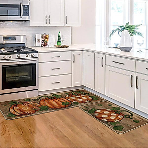 Artoid Mode Wood Dot Pumpkin Leaves Fall Kitchen Mats Set of 2, Autumn Home Decor Low-Profile Kitchen Rugs for Floor - 17x29 and 17x47 Inch